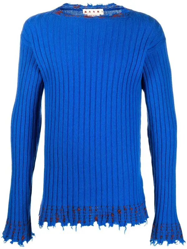 Marni Ribbed Frayed-hem Jumper - Blue