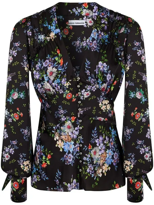 Rabanne Floral-print Silk Shirt - Black
