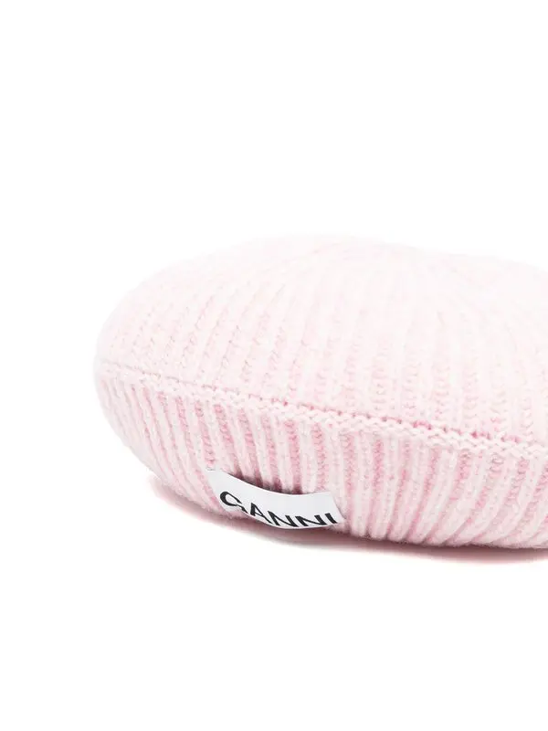 GANNI Logo-patch Ribbed-knit Beret