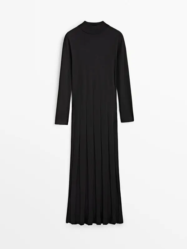 long sleeve knit polo dress Womens Cashmere Knit Midi Dress Long Sleeve Polo Collar V Neck Dress Apricot / L