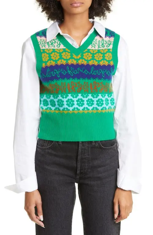 Lingua Franca X Gender Inclusive Logo Jacquard Cashmere Sweater Vest - Kelly Green Multi