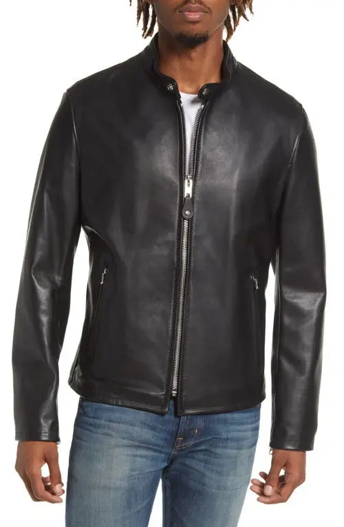 SCHOTT Café Racer Slim Fit Cowhide Leather Jacket - Black