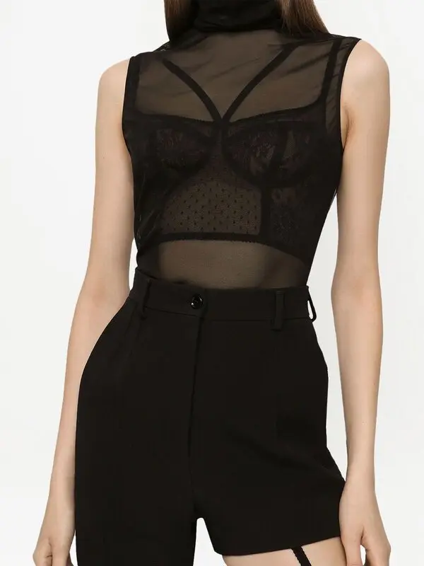 Dolce & Gabbana Dg-logo Roll-neck Tulle Blouse