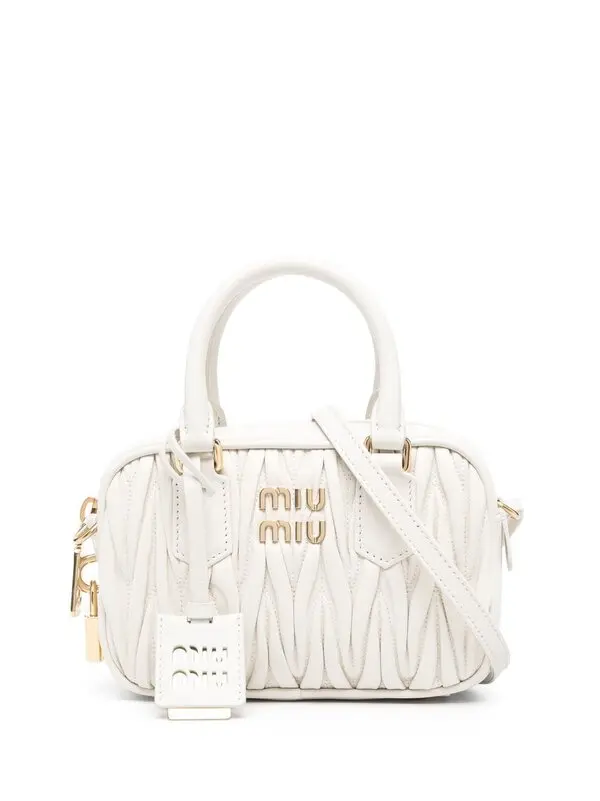 Miu Miu Matelassé Tote Bag With Logo Plaque - White