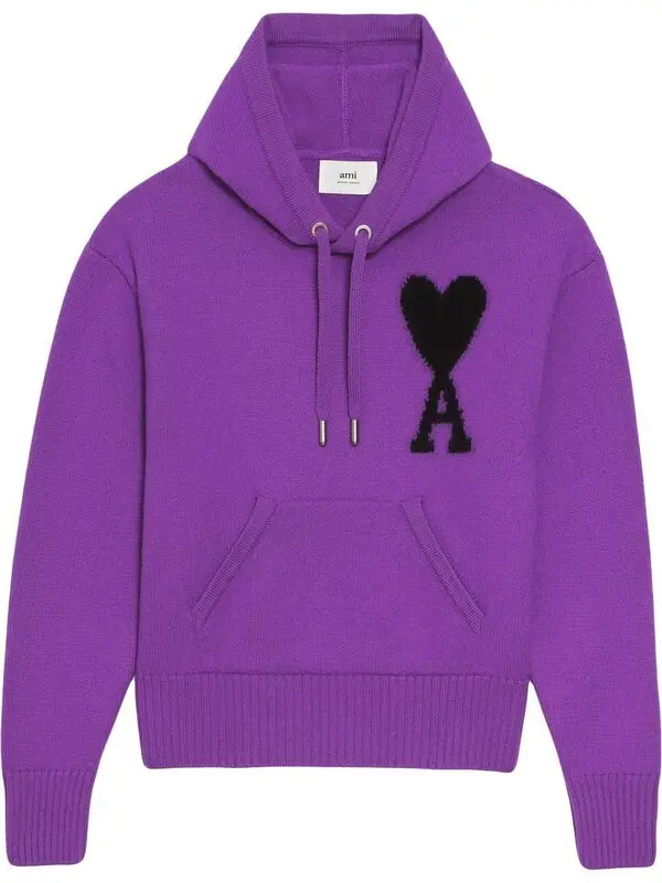 AMI Paris Logo-intarsia Knit Hoodie - Purple