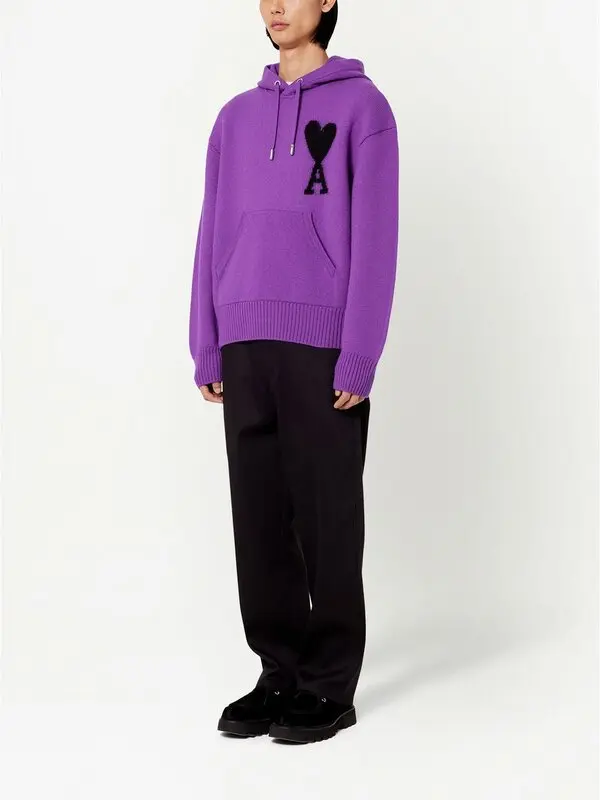 AMI Paris Logo-intarsia Knit Hoodie - Purple