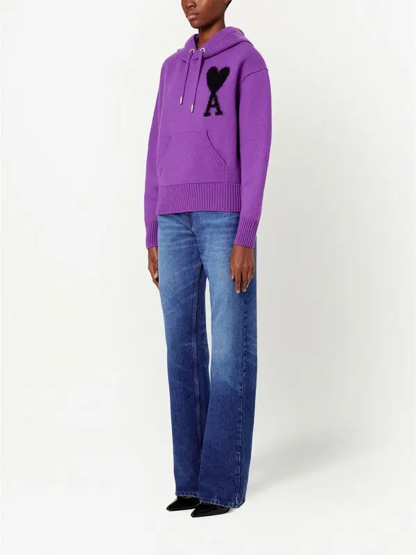 AMI Paris Logo-intarsia Knit Hoodie - Purple