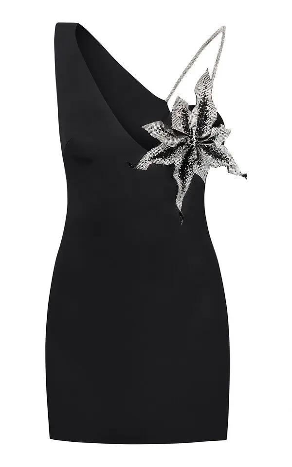 NUE Satin Mini Dress With Orchid Embellishment - Black