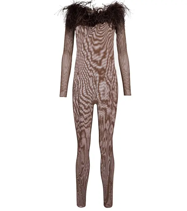 Oseree Feather-trimmed Mesh Jumpsuit - Brown