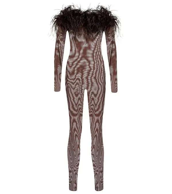 Oseree Feather-trimmed Mesh Jumpsuit