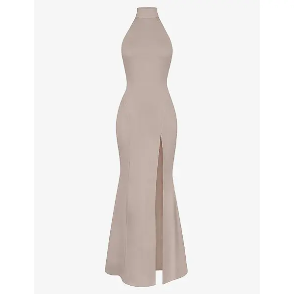 House Of Cb Juliette Halter-neck Split-hem Stretch-woven Maxi Dress - Blush