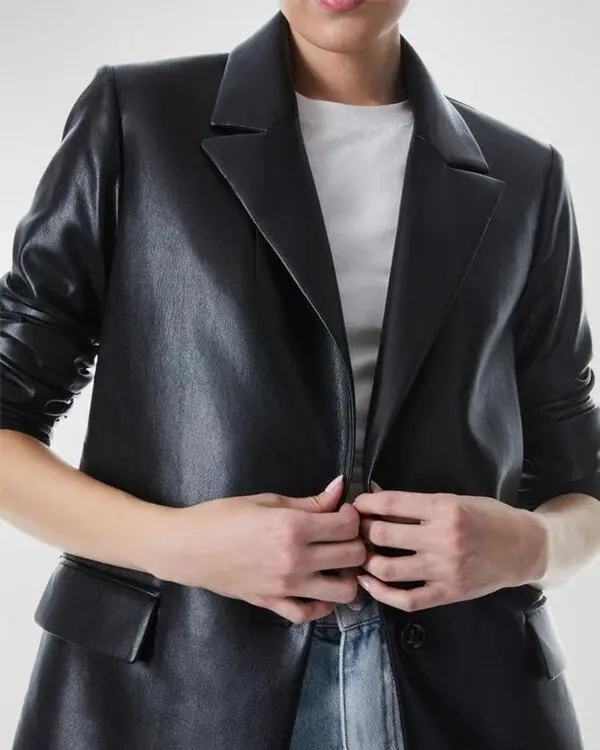 Alice + Olivia Denny Vegan Leather Tailored Blazer - Black