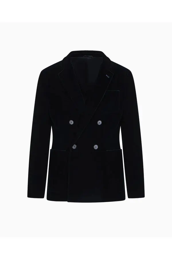 Giorgio Armani Double-breasted Upton Jacket In Stretch Plain Velvet - Navy