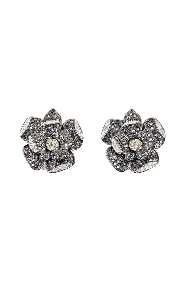 KENNETH JAY LANE Rhinestone And Hematite Flower Clip On Earrings - Natural