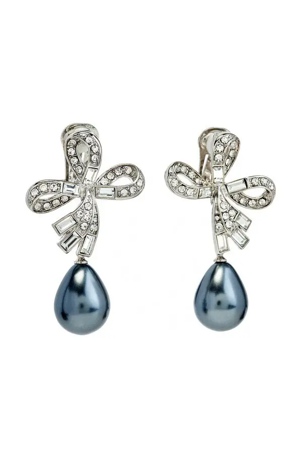 KENNETH JAY LANE Crystal Bow Pearl Drop Clip Earrings - Grey