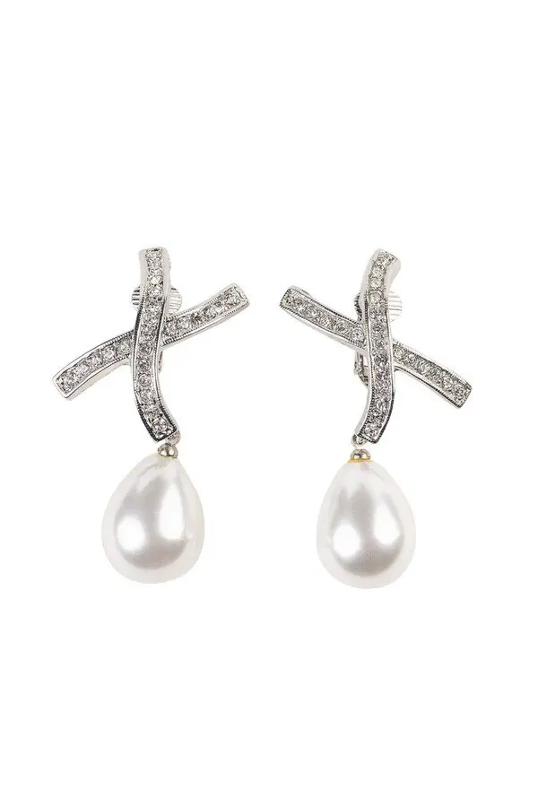 KENNETH JAY LANE Rhinestone X Pearl Drop Clip Earrings - White