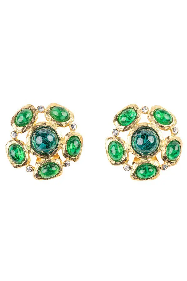 KENNETH JAY LANE Emerald Cabochon Clip Earrings - Gold