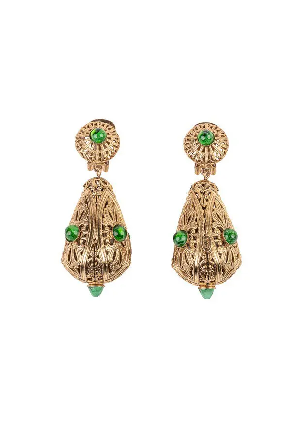 KENNETH JAY LANE Emerald Filigree Clip Earrings - Gold
