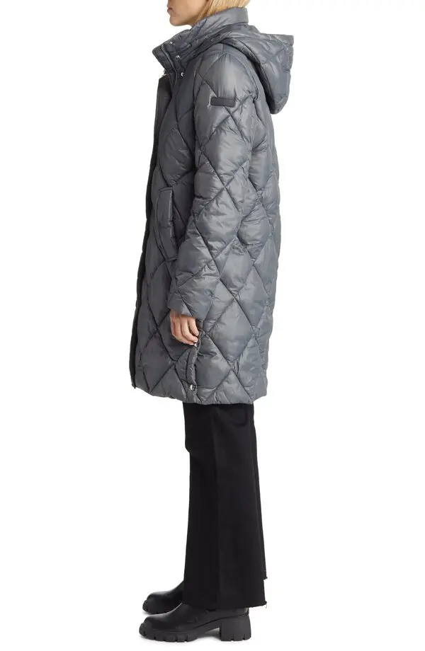 Sam Edelman Longline Hooded Quilted Puffer Jacket - Grey