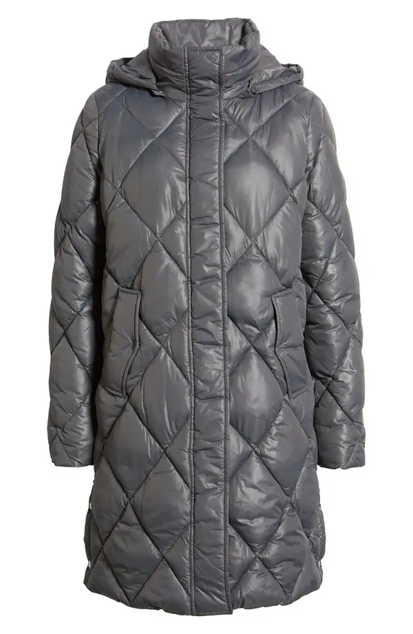 Sam Edelman Longline Hooded Quilted Puffer Jacket - Grey