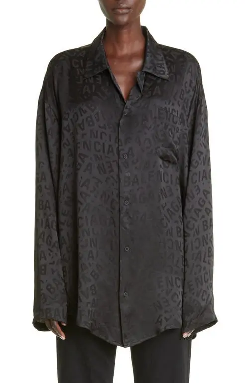 Balenciaga Logo Jacquard Silk Button-up Blouse - Black
