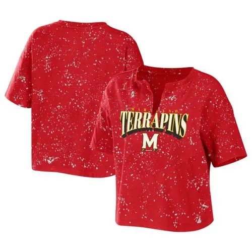 WEAR BY ERIN ANDREWS Maryland Terrapins Bleach Wash Splatter Cropped Notch Neck T-shirt - Red