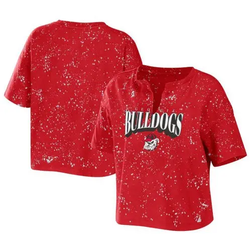 WEAR BY ERIN ANDREWS Georgia Bulldogs Bleach Wash Splatter Cropped Notch Neck T-shirt - Red