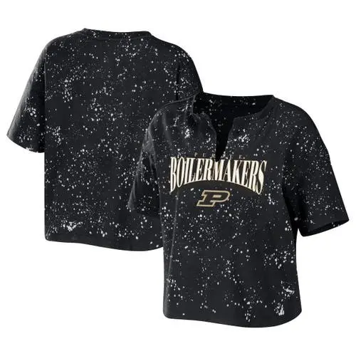 WEAR BY ERIN ANDREWS Purdue Boilermakers Bleach Wash Splatter Cropped Notch Neck T-shirt - Black