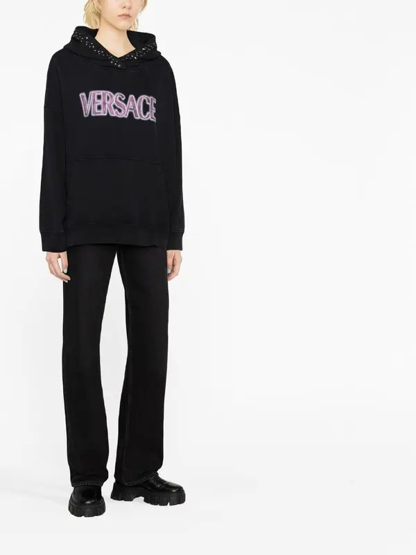 Versace Logo-print Studded Hoodie - Black