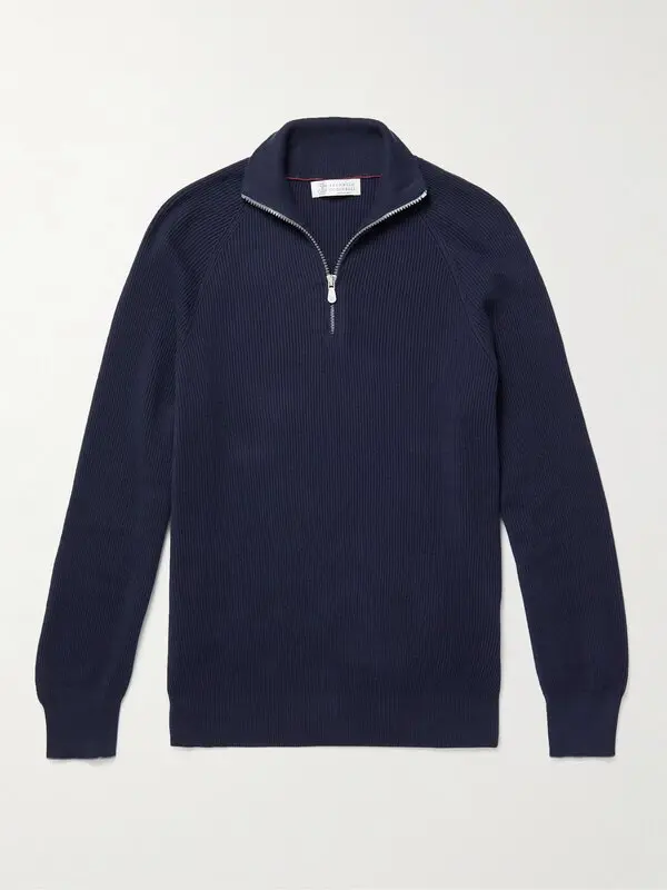 Brunello Cucinelli Ribbed Cotton Half-zip Sweater - Blue