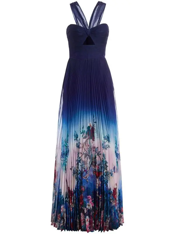 Marchesa Floral-print Pleated Gown