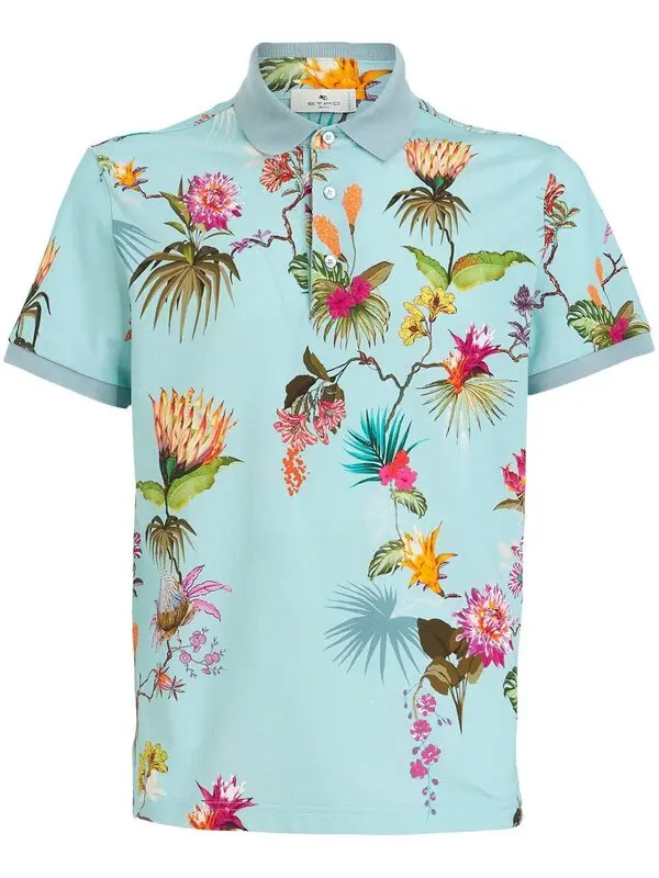 Etro Floral-print Cotton Polo Shirt - Blue