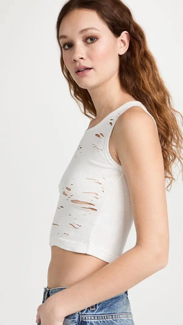 R13 Distressed Ribbed Tank - Ecru