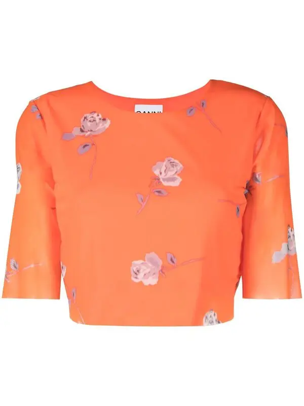 GANNI Mesh-detail Floral-print T-shirt