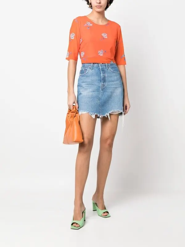 GANNI Mesh-detail Floral-print T-shirt