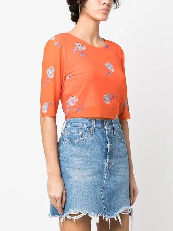 GANNI Mesh-detail Floral-print T-shirt