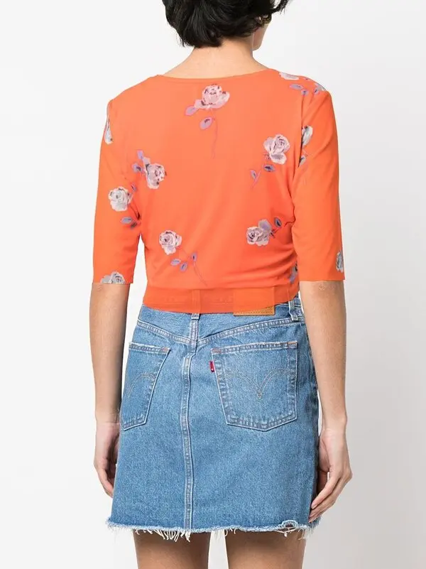 GANNI Mesh-detail Floral-print T-shirt