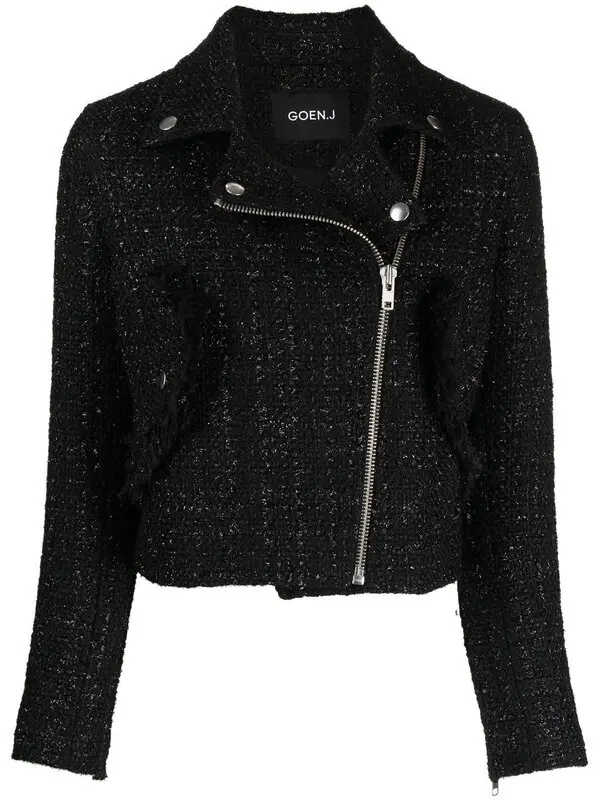 Goen.j Tweed Cropped Biker Jacket - Black