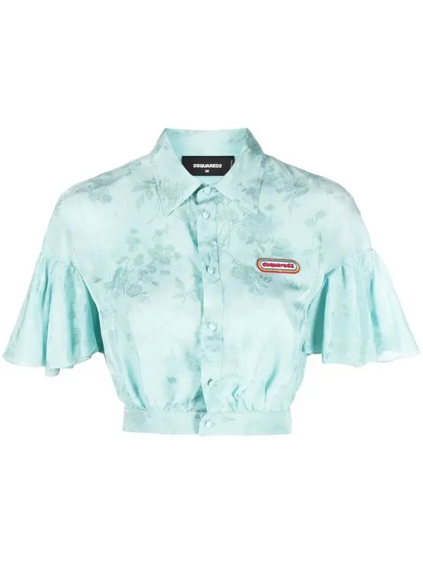 Dsquared2 Floral Jacquard Flounce Sleeve Crop Shirt - Blue