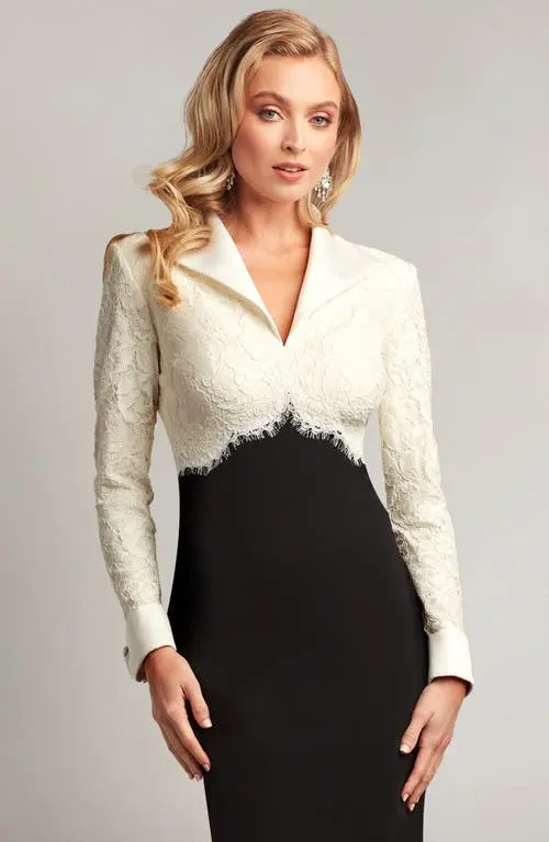 Lace-bodice Bodycon Midi Dress - Ivory/black