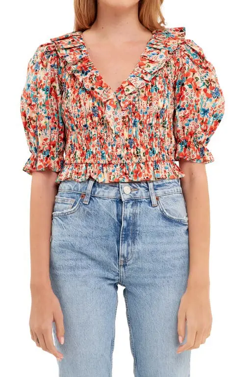English Factory Floral Smocked Cotton Top - Peach Multi