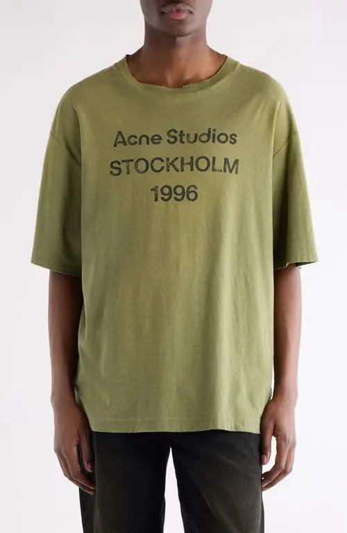 Acne Studios 1996 Logo Distressed Cotton & Hemp Graphic Tee - Olive Green