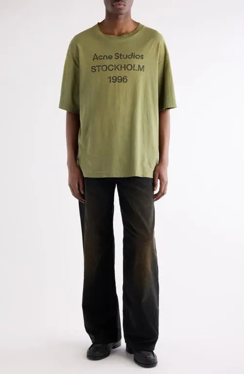 Acne Studios 1996 Logo Distressed Cotton & Hemp Graphic Tee - Olive Green