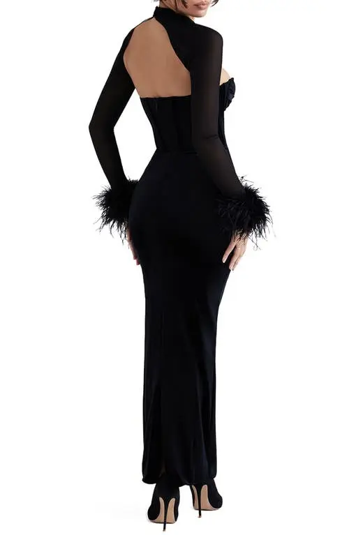 white christmas dresses Off-Shoulder Dress with Corset Bodice, and Feather Shoulder Detail Black / US 10 main image 1