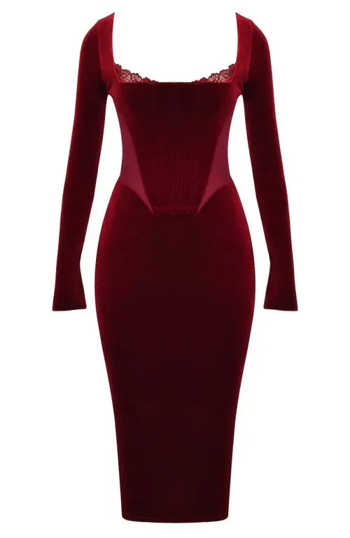solaine lace trim long sleeve velvet midi dress House Of Cb Solaine Velvet Midi Dress With Lace Trim - Wine