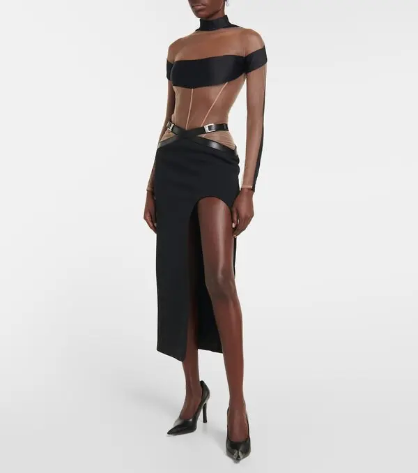 David Koma Leather-trimmed Midi Skirt