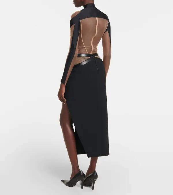 David Koma Leather-trimmed Midi Skirt
