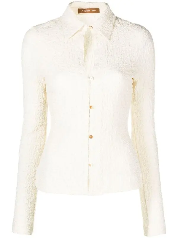 REJINA PYO Crinkled Long-sleeve Polo Top - Neutrals