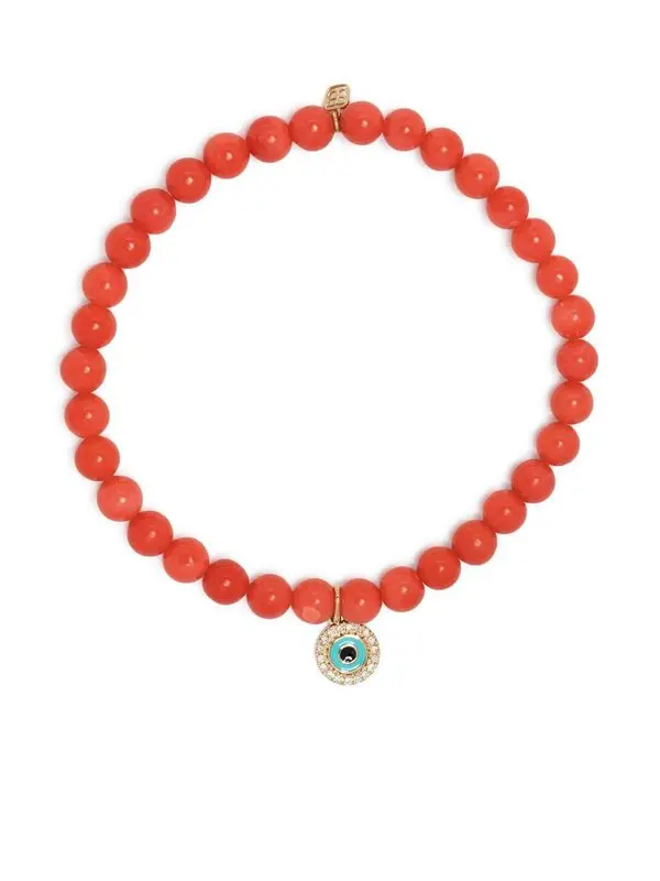 SYDNEY EVAN 14kt Yellow Gold Coral Evil Eye Beaded Bracelet - Orange