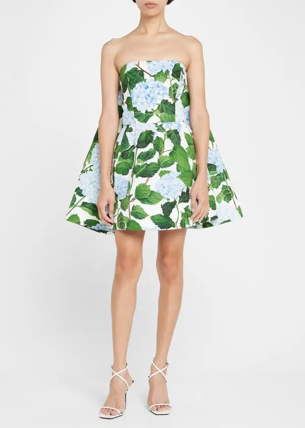Oscar De La Renta Hydrangea-Print Watteau Back Faille Mini Dress